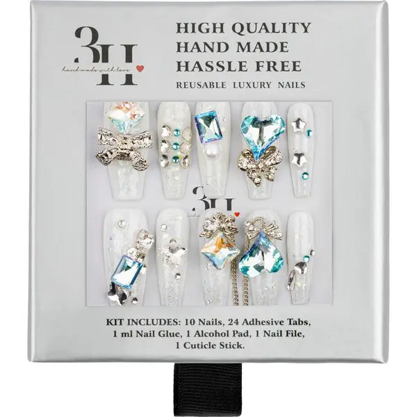 3H NAILS Crystal Blue Glam Luxury Handmade Press On Nails - White/ Teal