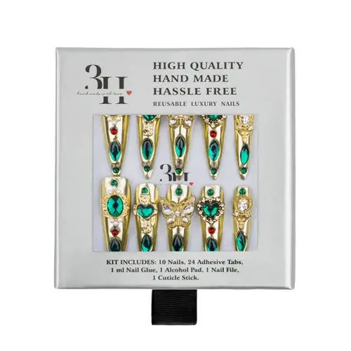 3H NAILS Emerald Empress Luxury Handmade Press On Nails - Gold
