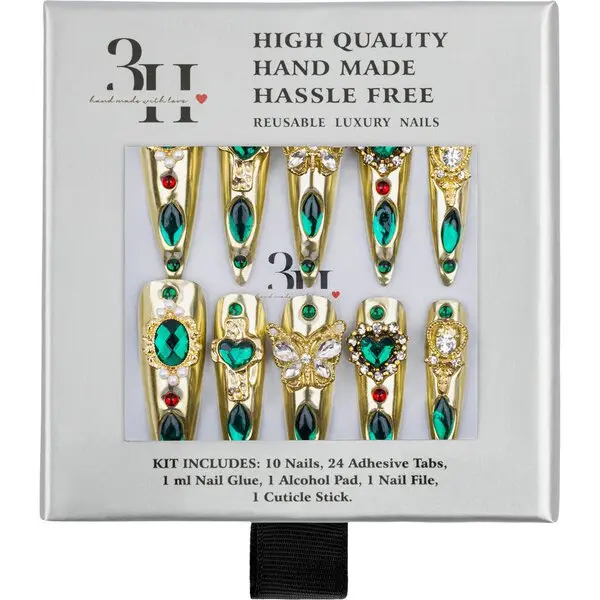 3H NAILS Emerald Empress Luxury Handmade Press On Nails - Gold