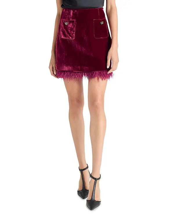 Cinq À Sept Luna Feather Trim Mini Skirt - Red Plum