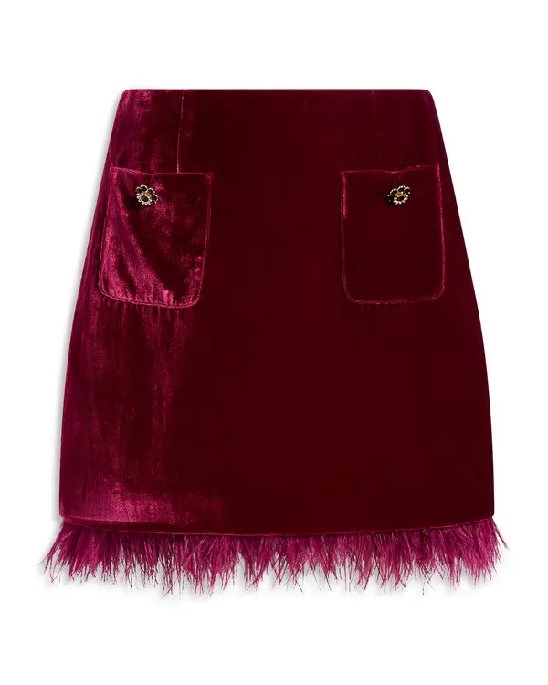 Cinq À Sept Luna Feather Trim Mini Skirt - Red Plum