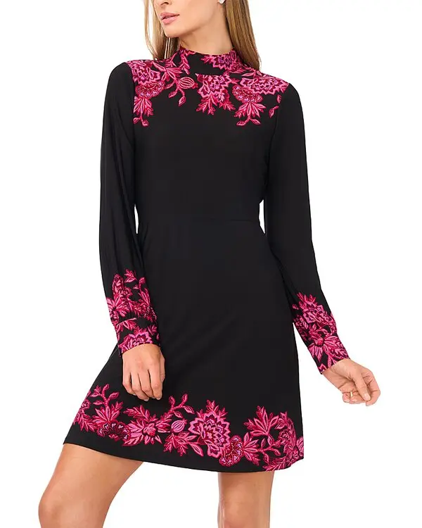 CECE DUPRAZ Border Print Mock Neck Dress