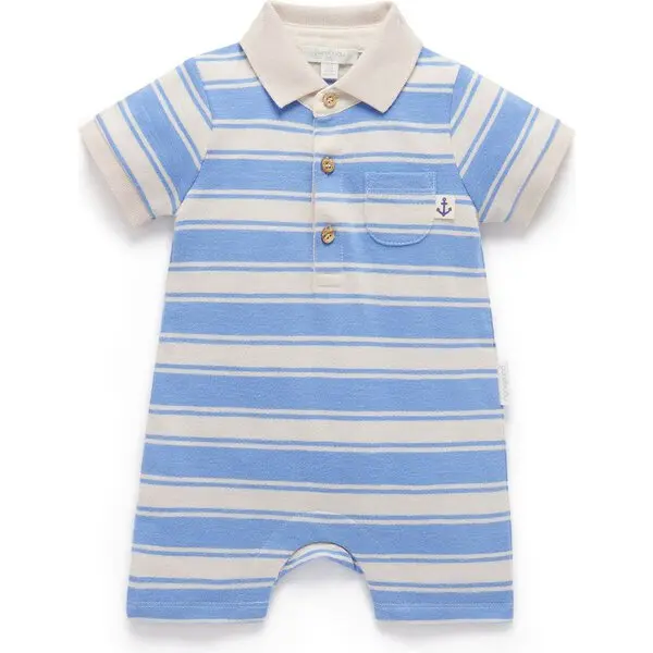 PUREBABY Striped Polo Romper - Ocean Stripe