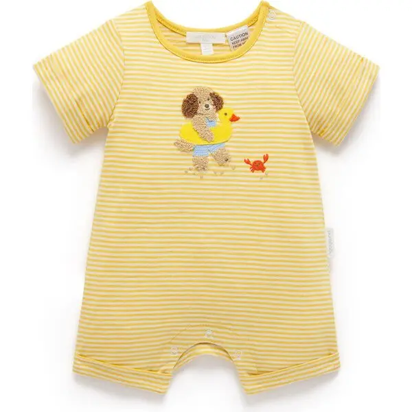 PUREBABY Striped Cotton Short Romper - Pineapple Mini Stripe