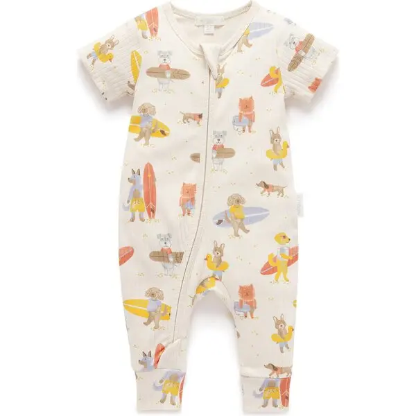PUREBABY Rib Zip Short Sleeve Romper - Little Surfing Dogs Print