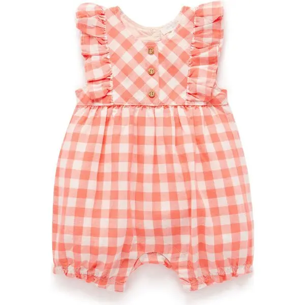 PUREBABY Gingham Cotton/linen Blend Romper - Coral Gingham