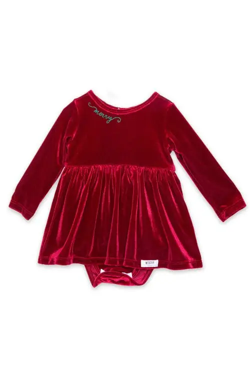 WORTHY THREADS Embroidered Velvet Bubble Romper - Burgundy
