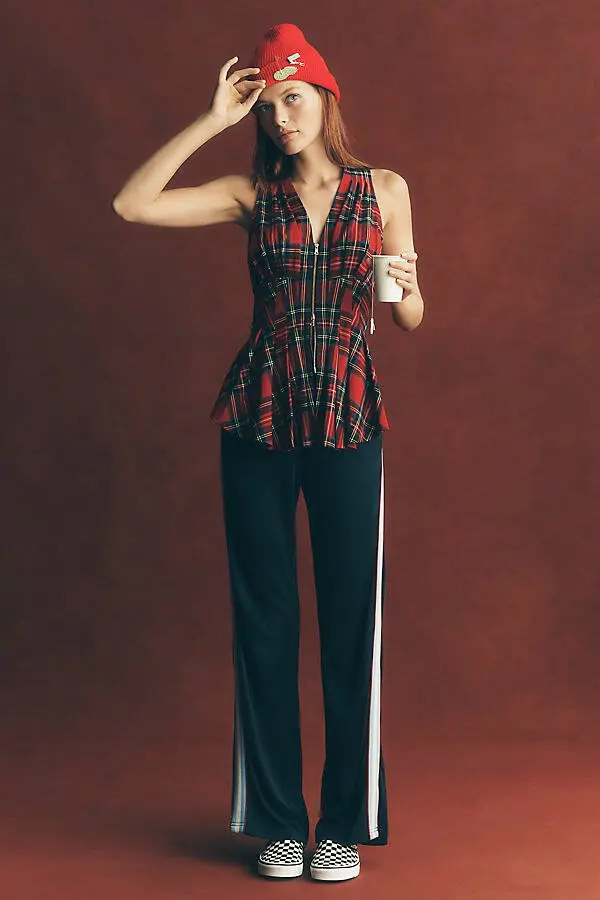 Maeve Waisted Zip-front Sleeveless Top - Red Plaid