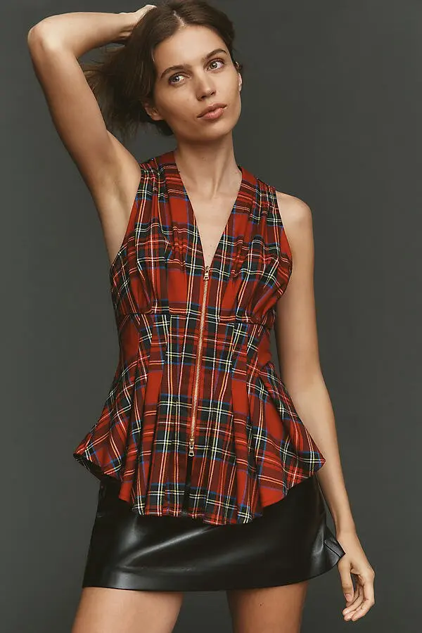 Maeve Waisted Zip-front Sleeveless Top - Red Plaid