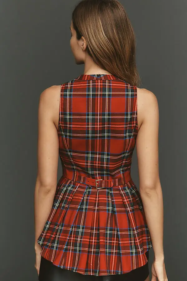 Maeve Waisted Zip-front Sleeveless Top - Red Plaid