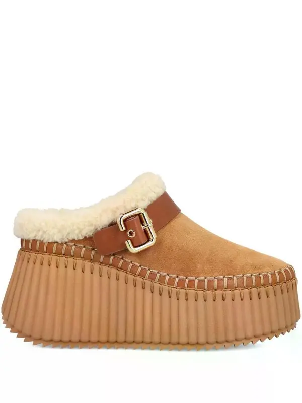 Chloé Nama Wedge Shearling Mules - Brown