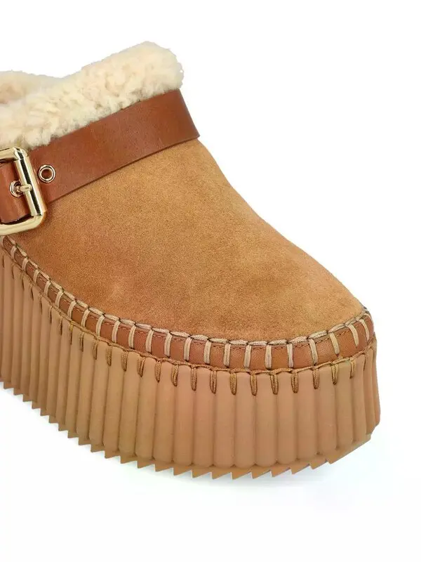 Chloé Nama Wedge Shearling Mules - Brown