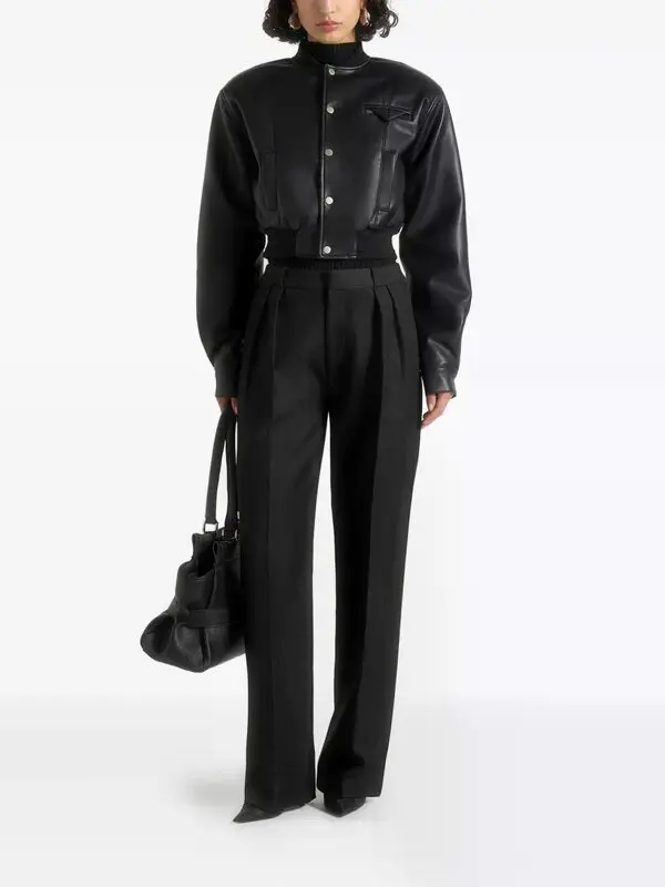 Manière De Voir Zina Leather Wide Shoulder Bomber Jacket - Black
