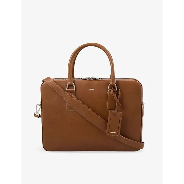 Sandro Grained Leather Briefcase - Cognac