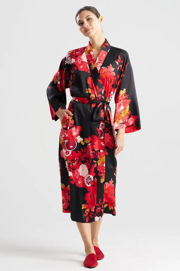 Natori Empress Printed Satin Robe - Black