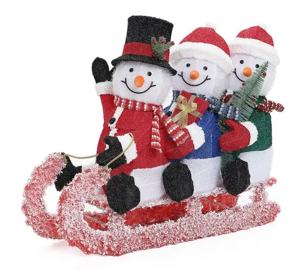 LUXEN HOME Luxenhome Lighted Snowman Trio On Sled In Coats Decoration - One-color