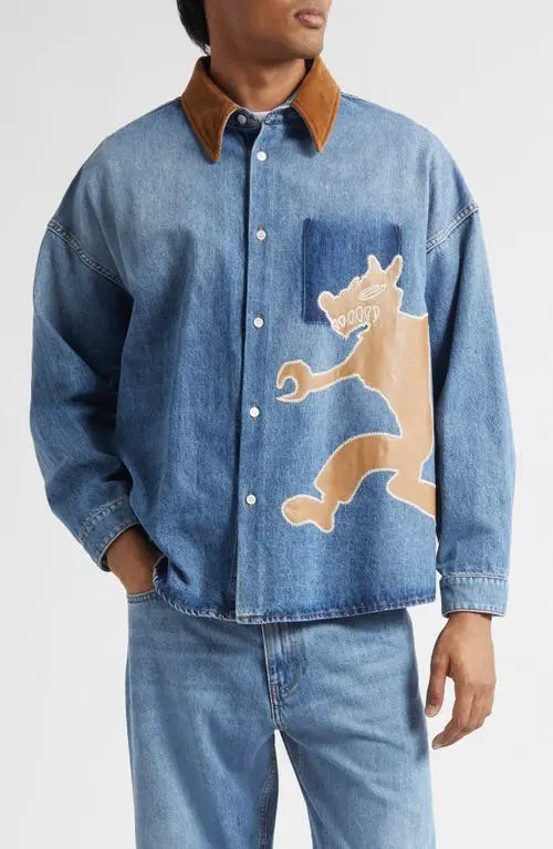 Marni Wolf Appliquè Denim Button-up Shirt - Deep Blue