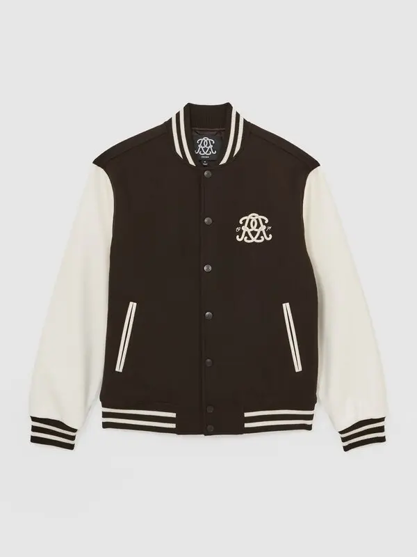 REISS Miller Monogram Relaxed Varsity Jacket - Brown/white