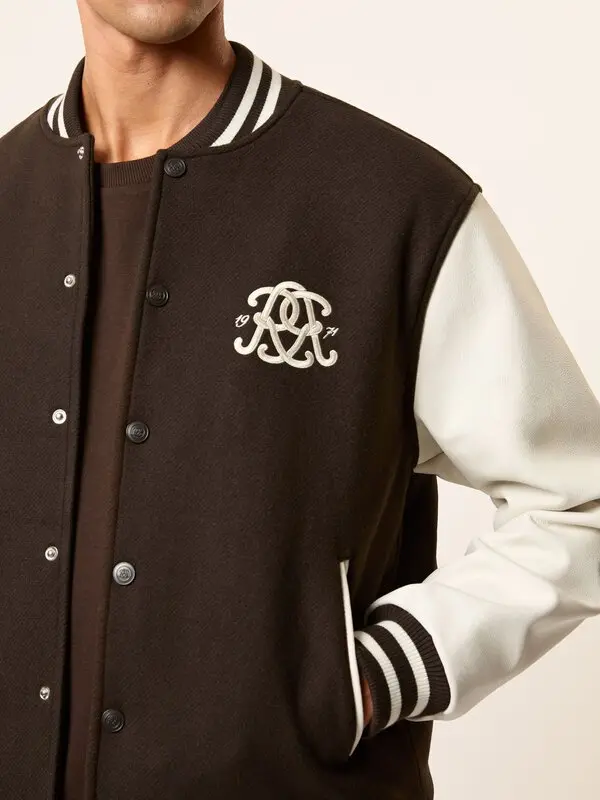 REISS Miller Monogram Relaxed Varsity Jacket - Brown/white