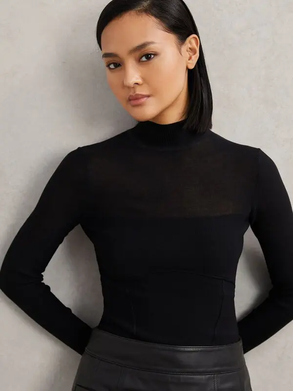REISS Sofia Mesh Funnel-neck Knit Top - Black