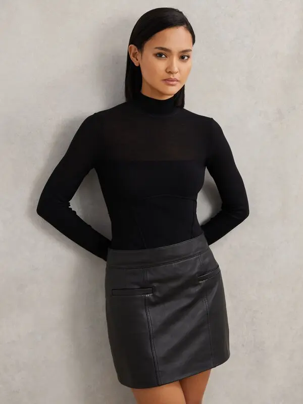 REISS Sofia Mesh Funnel-neck Knit Top