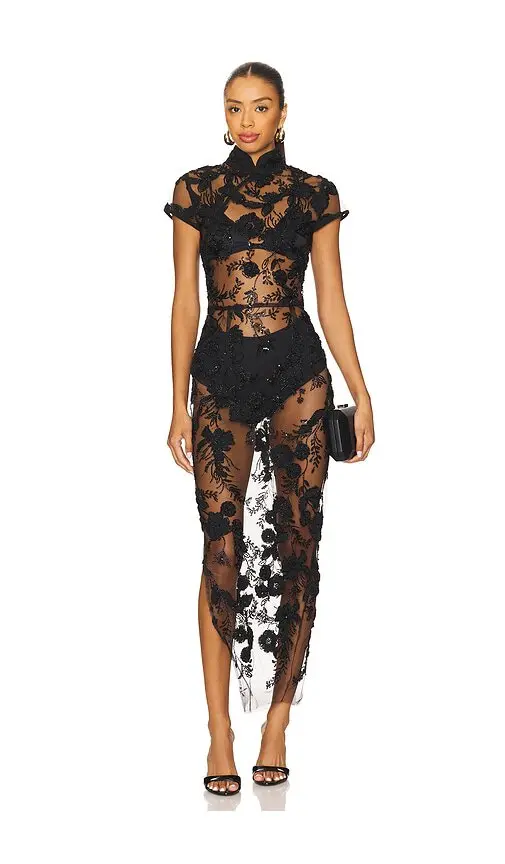 SAU LEE Embellished Floral Sheer Maxi Dress - Black
