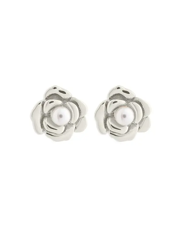 Sterling Forever Rosa Imitation Pearl Rose Stud Earrings - Silver