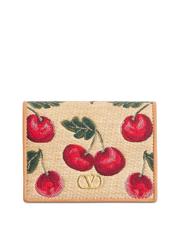 Valentino Garavani Vlogo Signature Cherryfic Jacquard Raffia Wallet - Natural/red