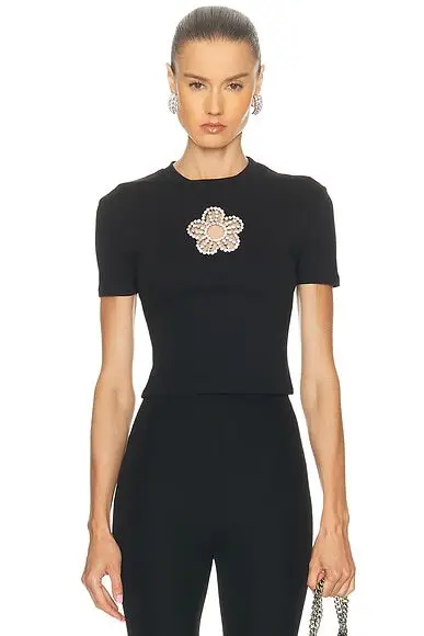 AREA Crystal Flower Cropped T-shirt - Black