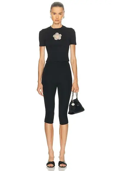 AREA Crystal Flower Cropped T-shirt - Black