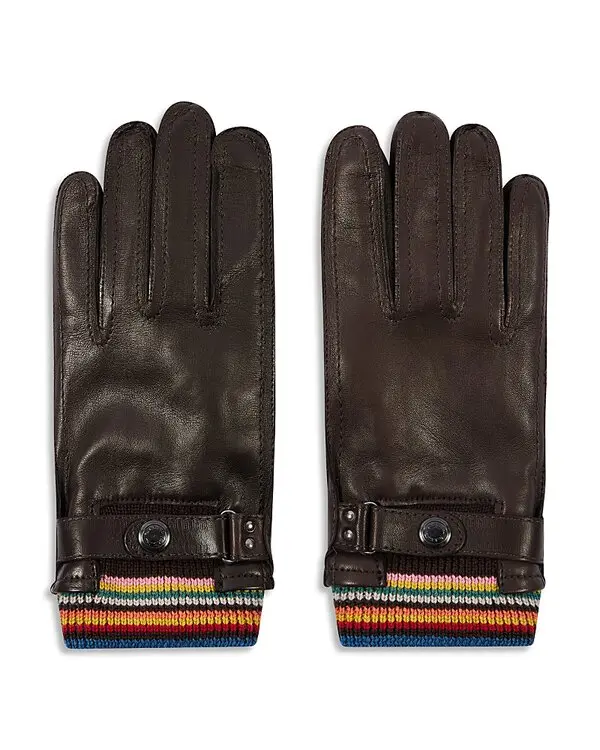 Paul Smith Striped Cuff Leather Gloves - Chocolate