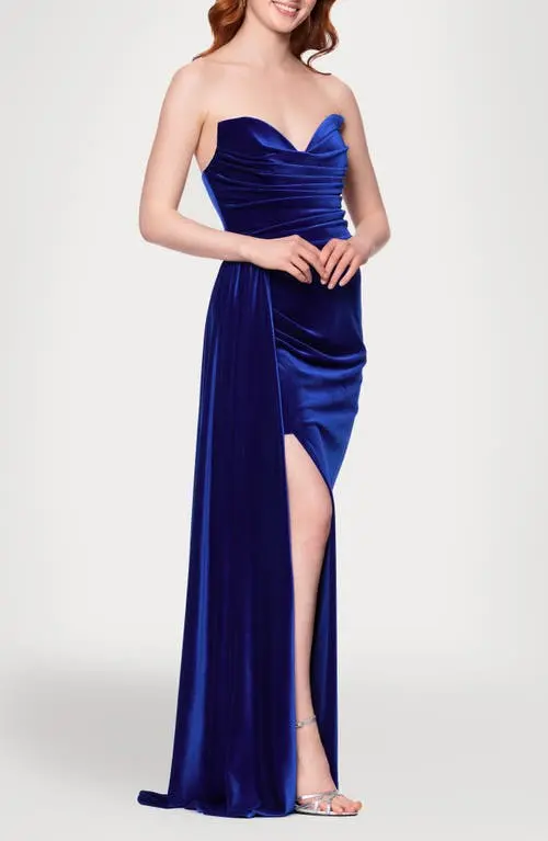 BLONDIE NITES Drape Strapless Velvet Gown - Sapphire