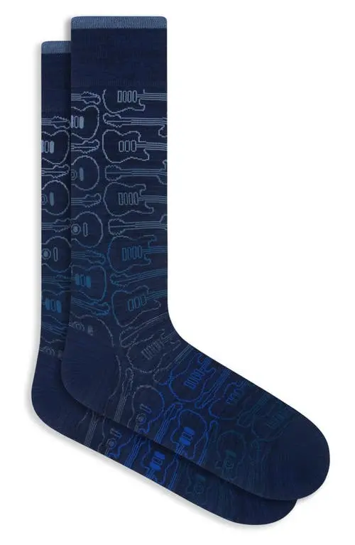 Bugatchi Guitar Pattern Mercerized Cotton Blend Dress Socks - Navy