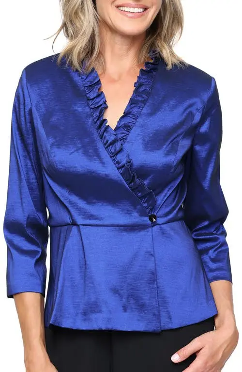 Alex Evenings Stretch Taffeta Faux Wrap Peplum Top - Royal