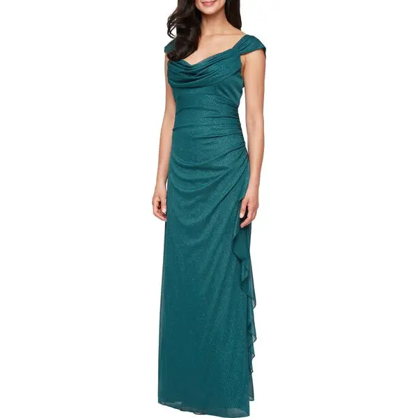 Alex Evenings Ruched Ruffle Glitter Gown