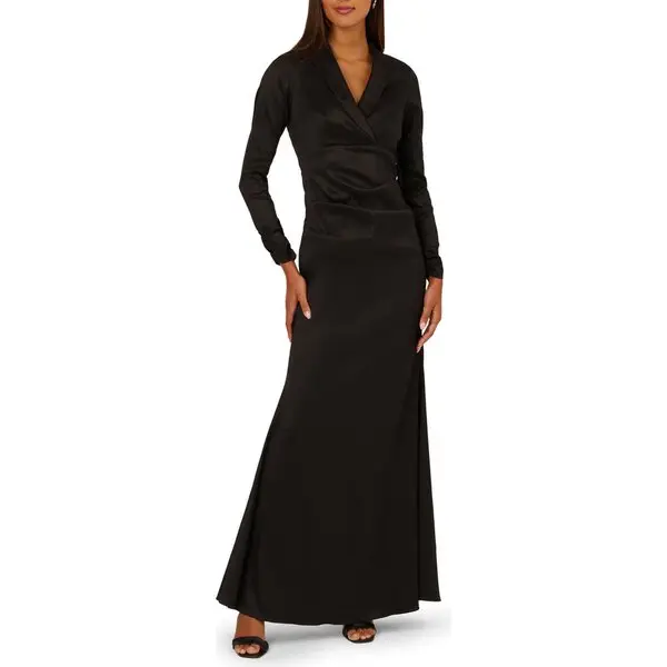 Adrianna Papell Long Sleeve Stretch Taffeta Tuxedo Gown - Black |  Editorialist