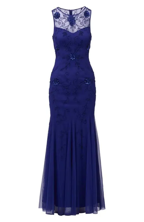sachin and babi light blue dress Adrianna Papell Placed Beaded Floral Mesh Mermaid Gown - Dark Blue Violet