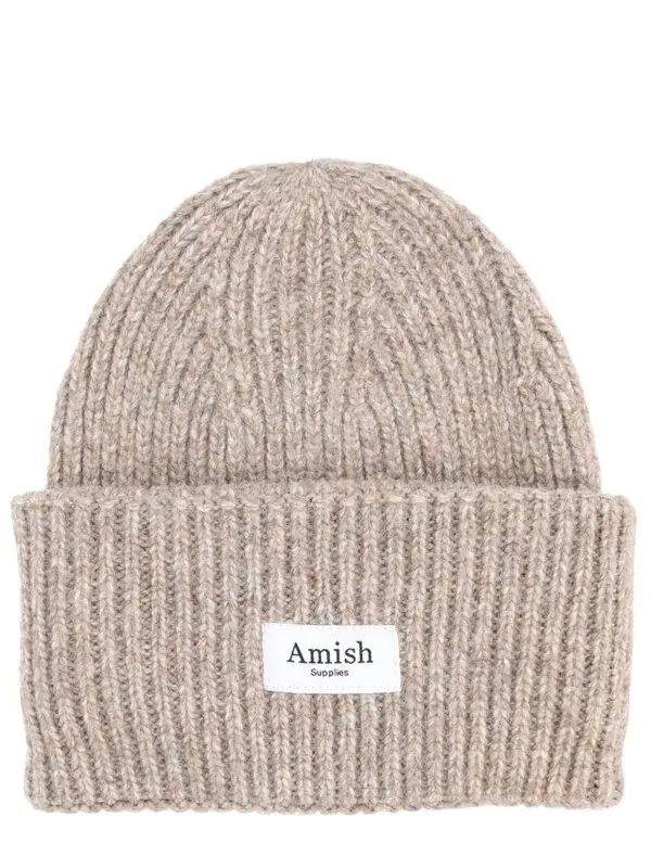 AMISH Ribbed Beanie With Logo - Beige