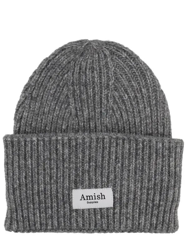 AMISH Ribbed Beanie With Logo - Grey