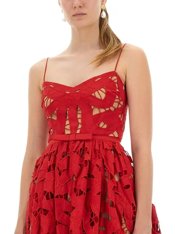 Self-Portrait Embroidered Midi Dress With Bow - Red - 8% Off | Editorialist