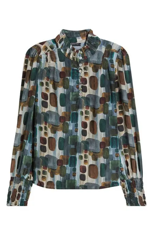 APNY Floral Print Smocked Cuff Long Sleeve Top - Green Multi