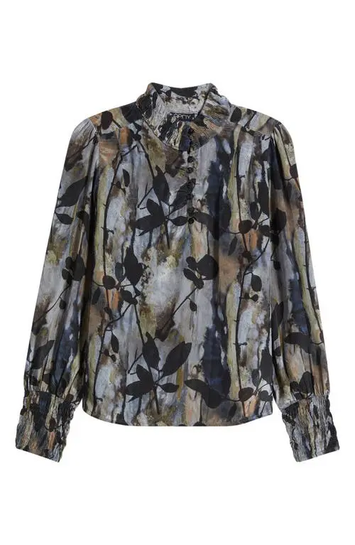 APNY Floral Print Smocked Cuff Long Sleeve Top - Grey Multi