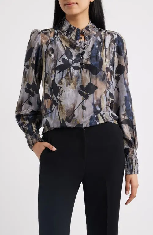APNY Floral Print Smocked Cuff Long Sleeve Top - Grey Multi