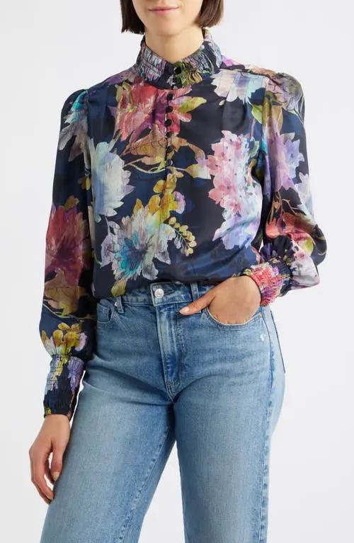 APNY Floral Print Smocked Cuff Long Sleeve Top - Navy Multi