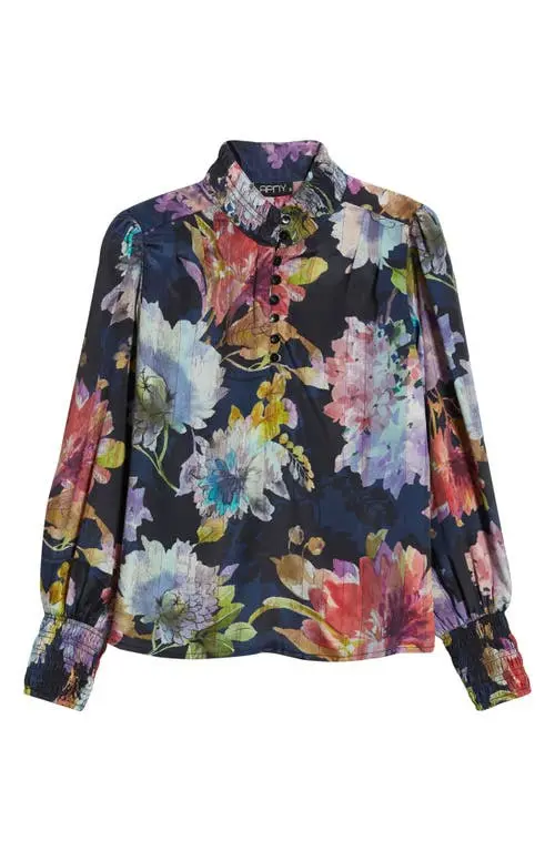 APNY Floral Print Smocked Cuff Long Sleeve Top - Navy Multi