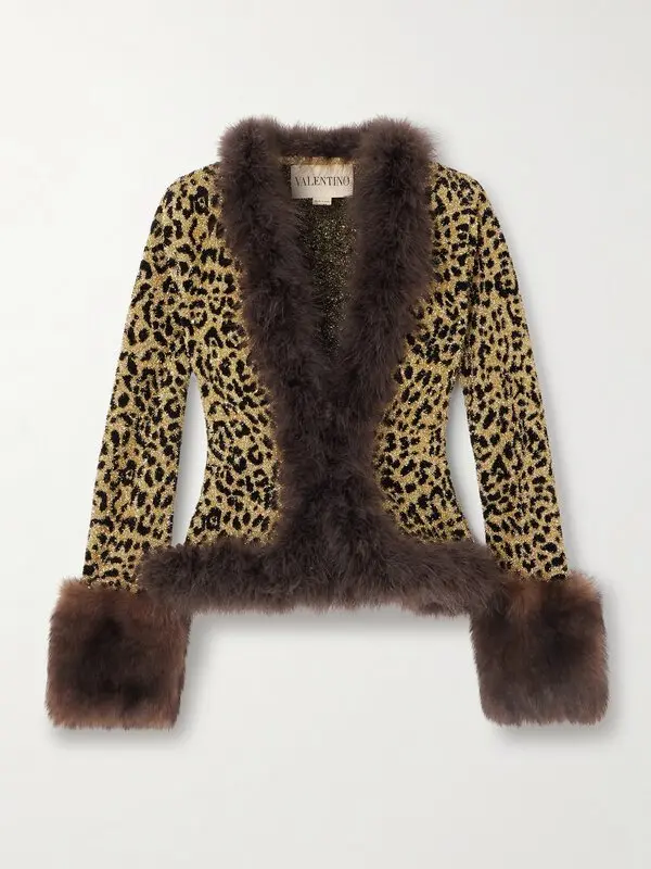 Valentino Garavani Feather And Shearling-trimmed Leopard-jacquard Lurex Cardigan - Animal Print