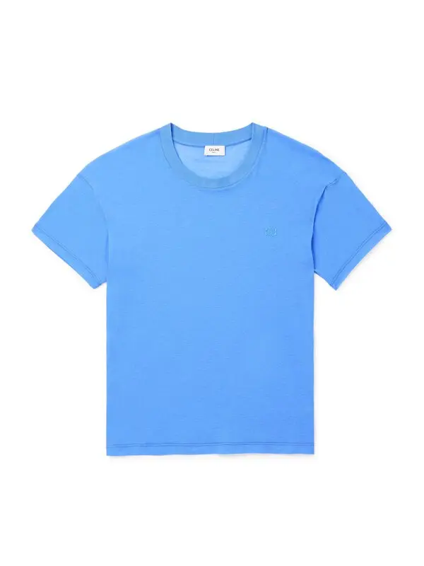 Celine Slim-fit Logo-embroidered Cotton-jersey T-shirt - Blue