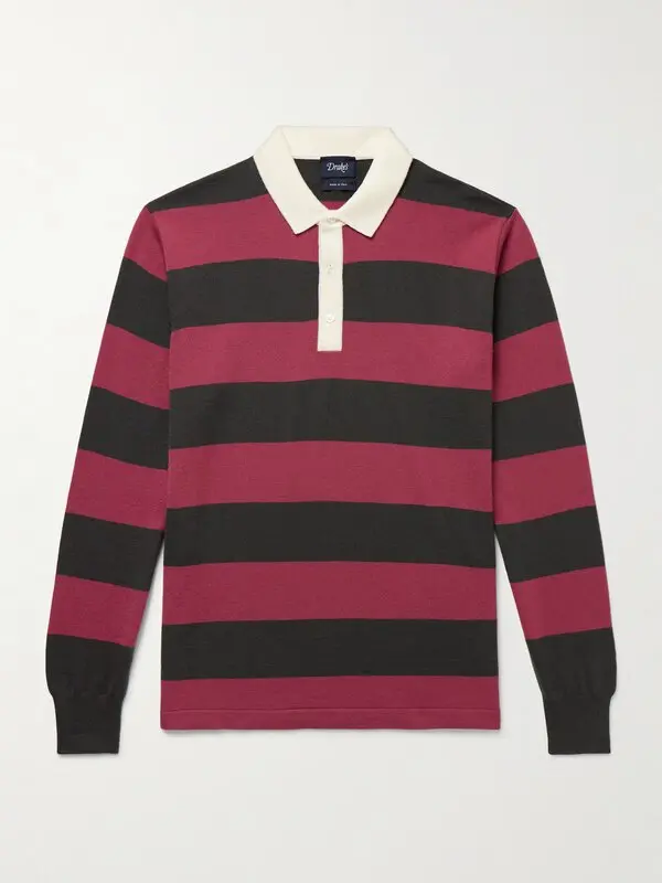 DRAKE'S Striped Merino Wool Polo Shirt - Red