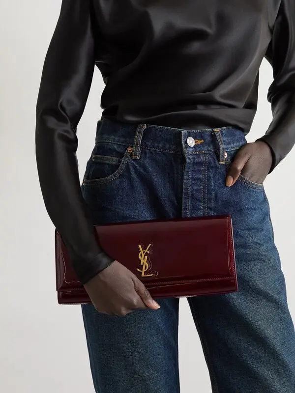 Saint Laurent Kate Patent-leather Clutch - Burgundy