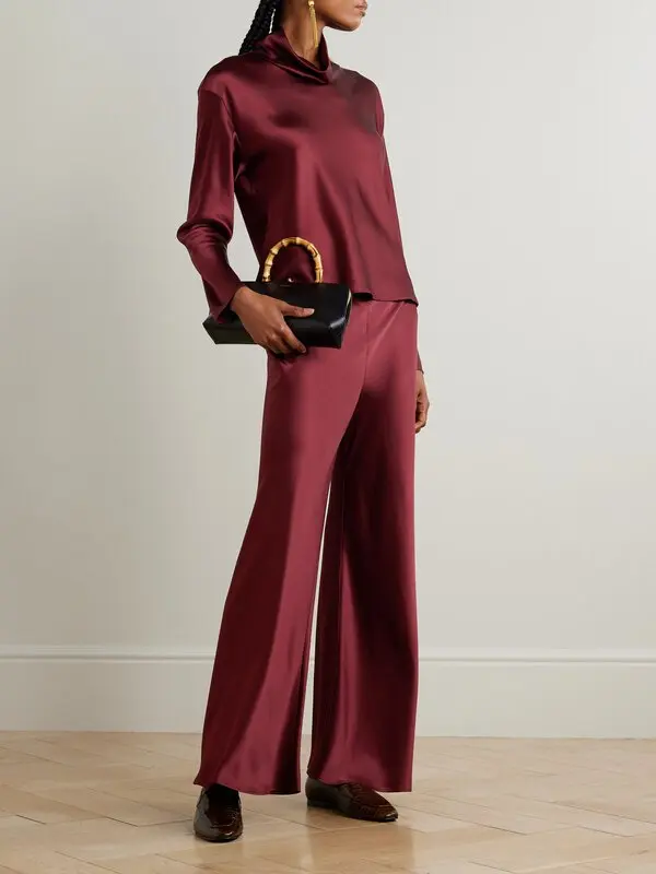 LESET Barb Draped Satin Wide-leg Pants - Burgundy
